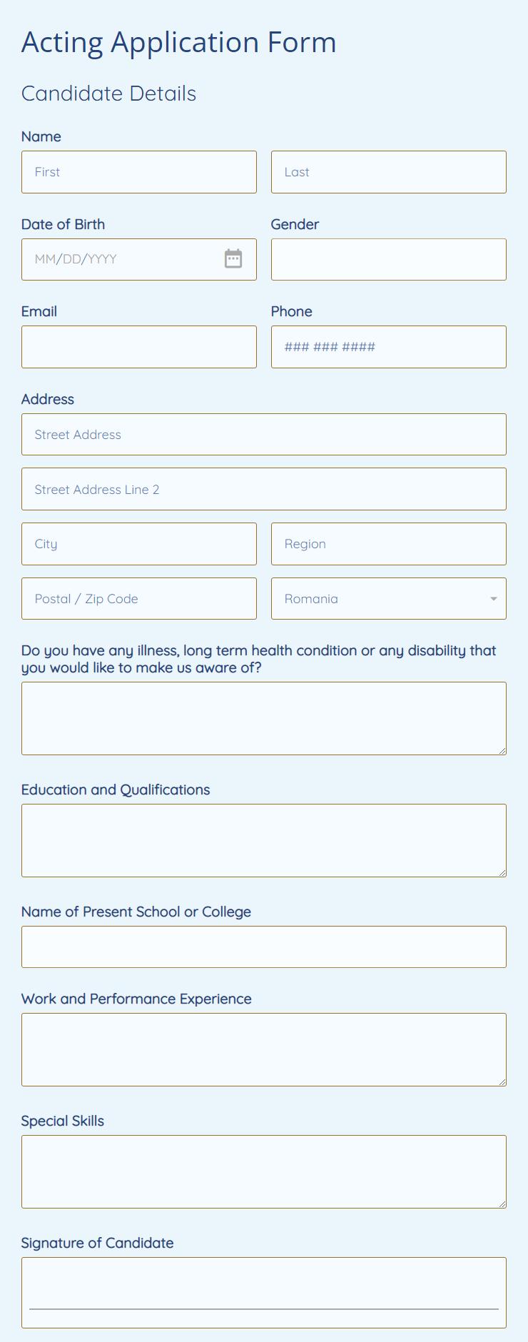Acting Application Form Template | 123FormBuilder