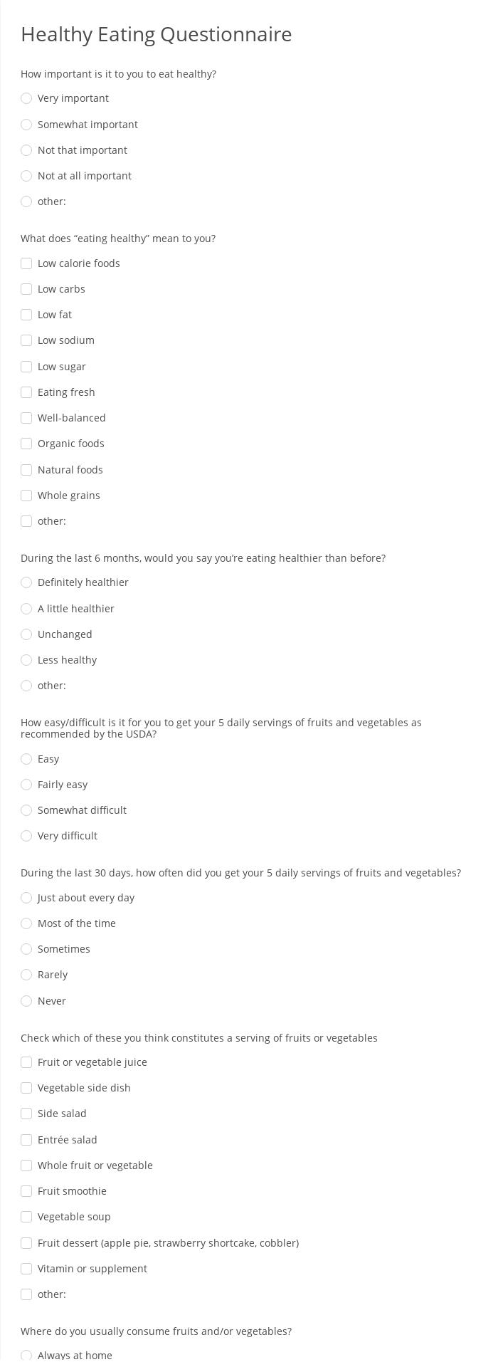 Healthy Eating Questionnaire Template | 123FormBuilder