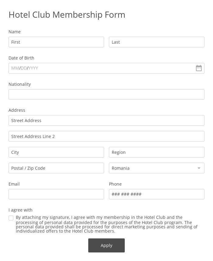 Free Hotel Club Membership Form Template | 123FormBuilder