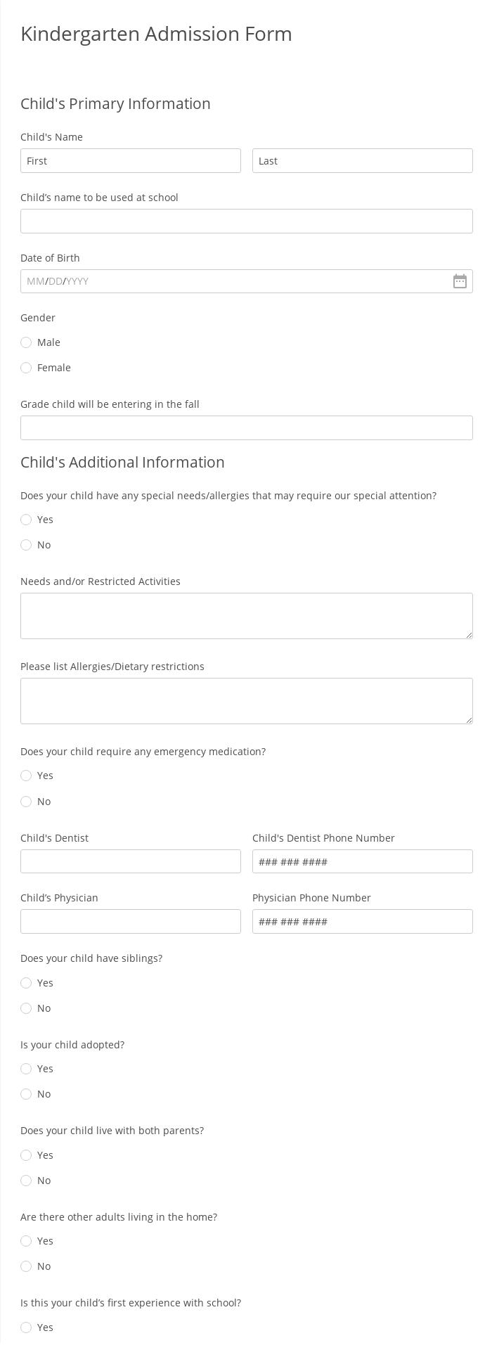 Kindergarten Admission Form Template | 123FormBuilder