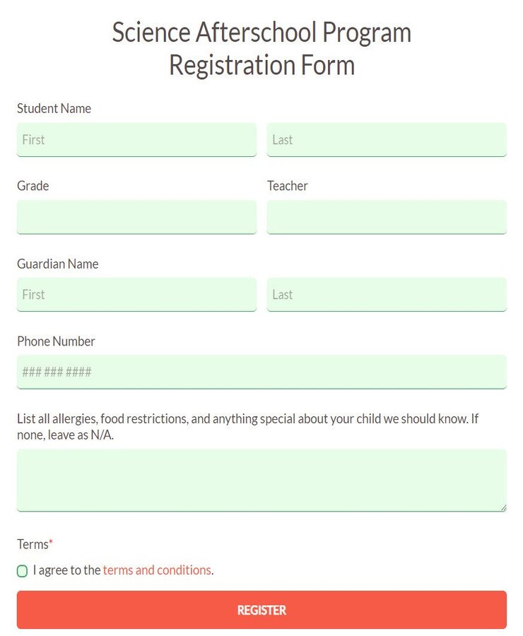 Free Science Afterschool Program Registration Form Template